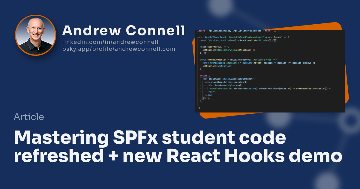 Mastering SPFx student code refreshed + new React Hooks demo